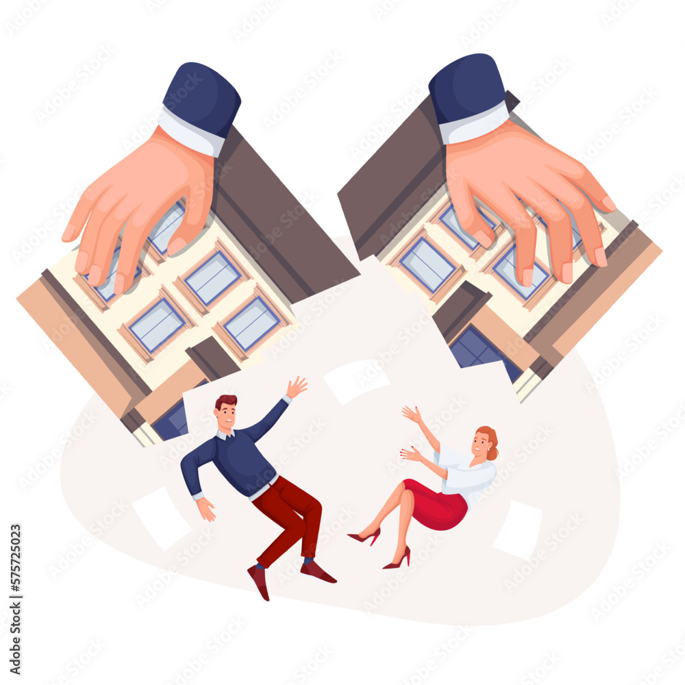 Hands of boss throw employees out of broken office building vector ...
