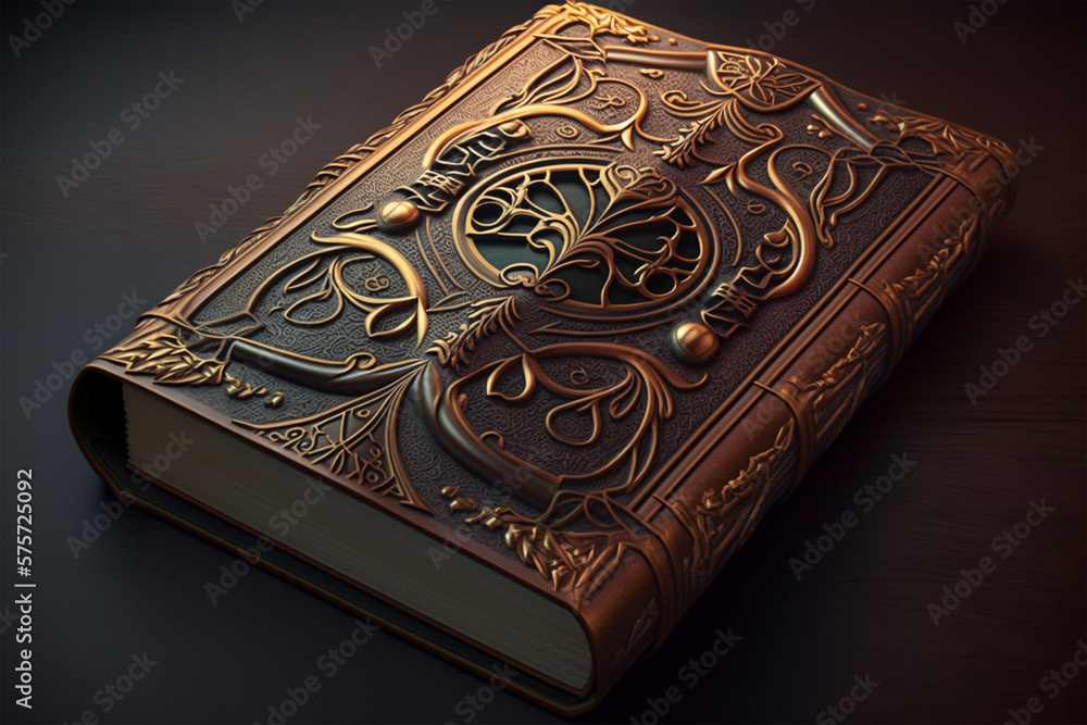 Mystical ancient leather bronze book cover design book's day background ...