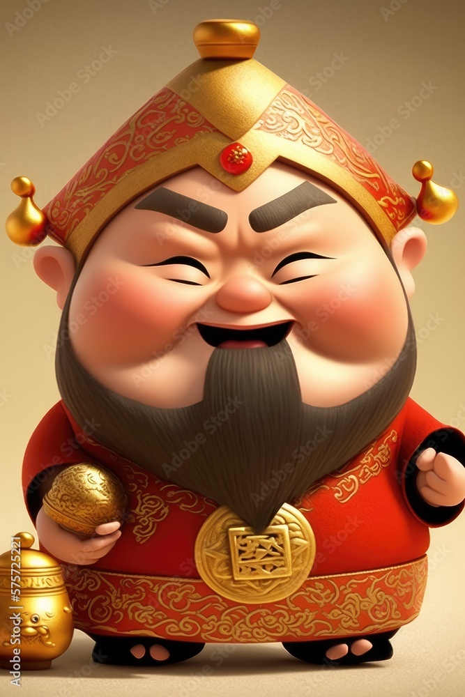 3D cute chubby Cai Shen, the Chinese god of wealth and fortune, cartoon style. AI generated ...