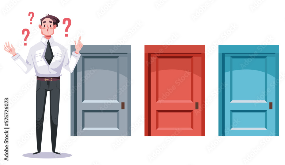 Vetor de Choosing right doors life choice people concept. Person ...