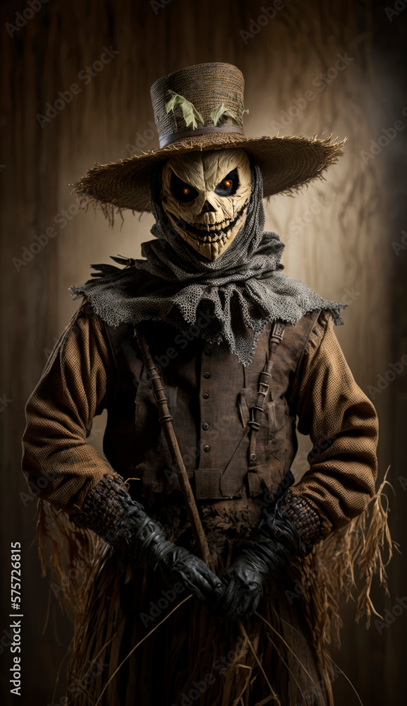 Spooky scarecrow with a horrific face and fire in his eyes wearing a ...