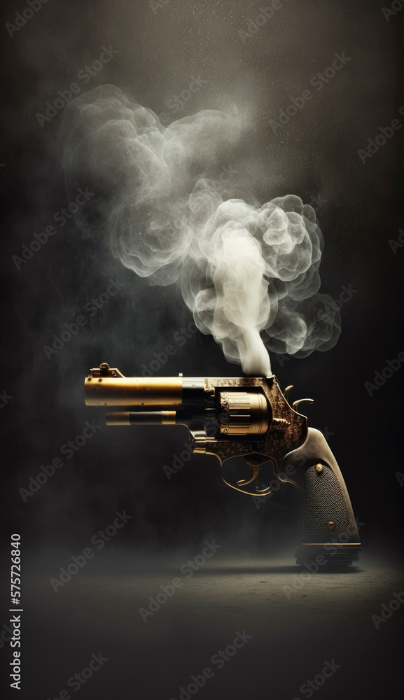 Smoking gun in a dramatic scenery with a golden revolver standing in a ...