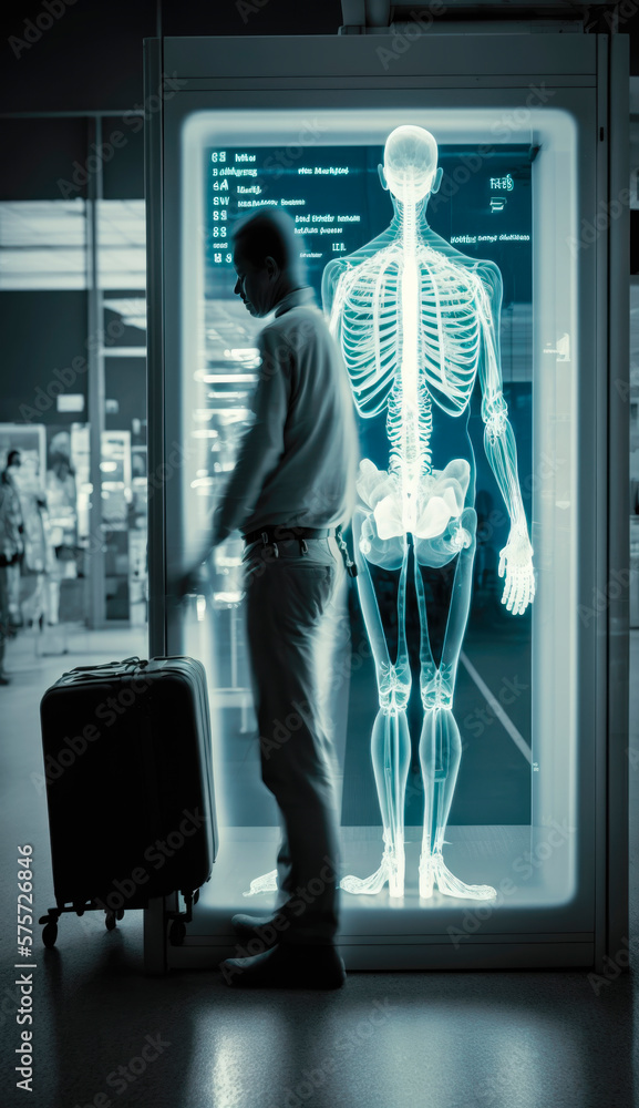 Man walking through an airport security, getting a xray scan with a visibly skeleton in ...