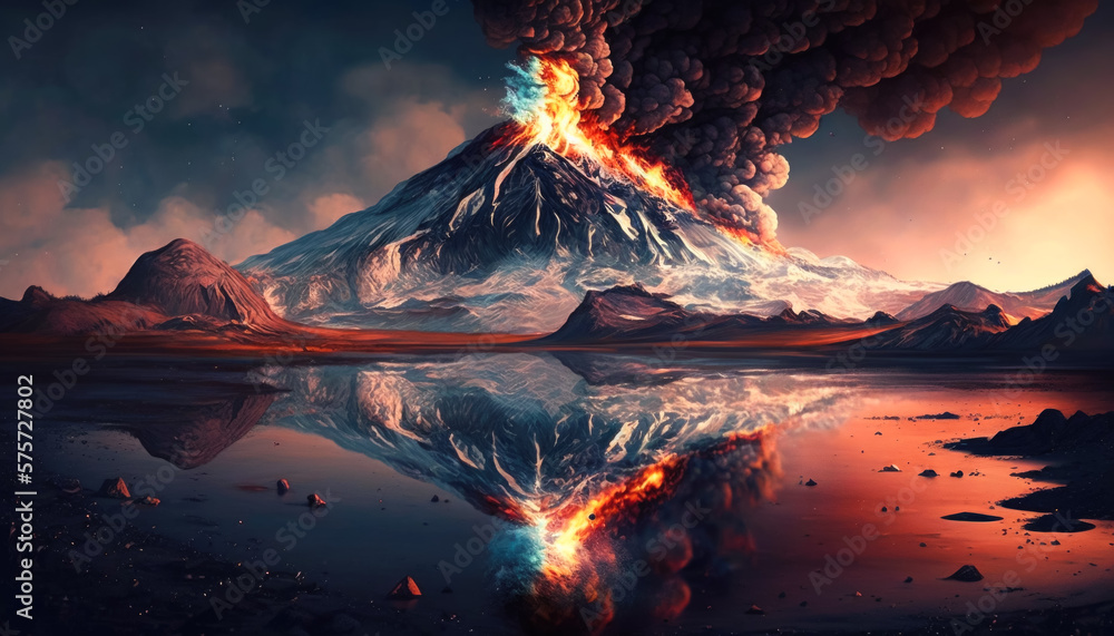 Night fantasy landscape with abstract mountains and island on the water ...