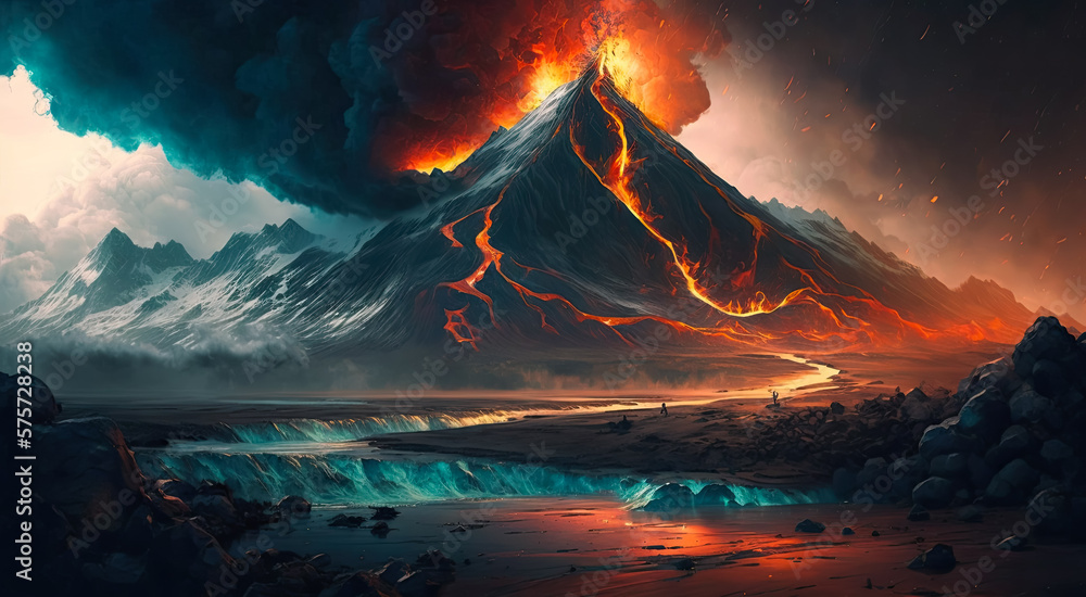 Massive Volcano Eruption. A large volcano erupting hot lava and gases ...