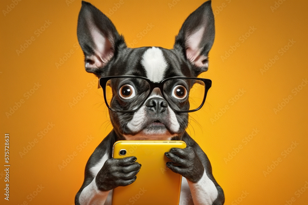 Shocked cute dog in glasses looks at screen, concept of Surprised and ...