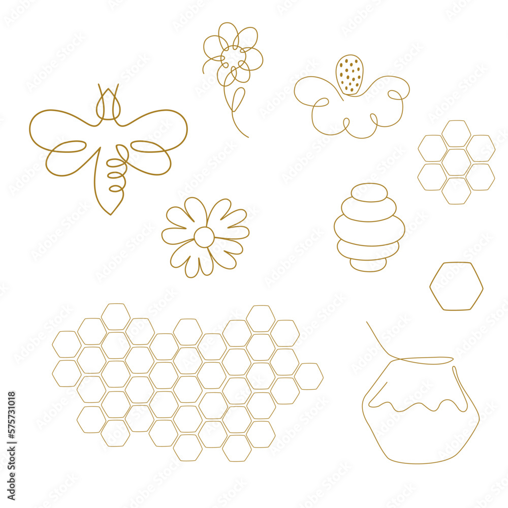One line honey bee logo set. Single continuous line drawing icons ...
