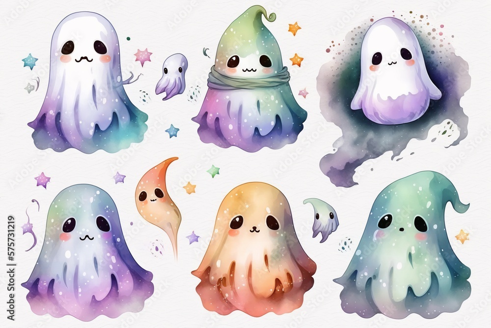 Watercolor Style Illustration of Halloween Ghosts. Bundle / Set / Pack ...