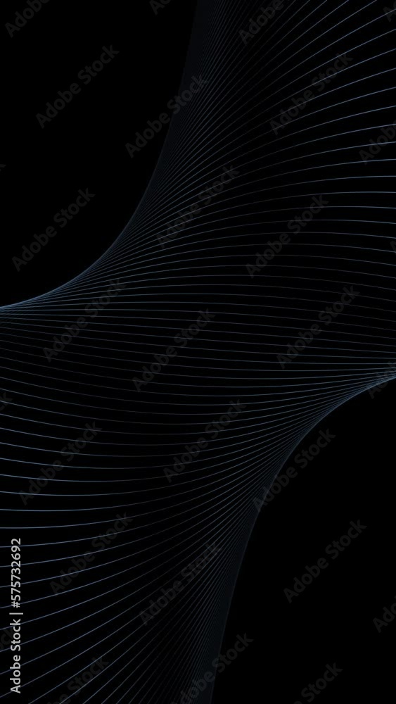 3D rotating blue curve lines pattern on black vertical background ...