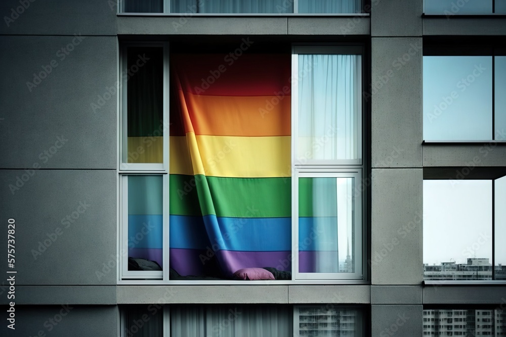 Concept of diversity. Rainbow LGBT Pride flag in the window of moder ...