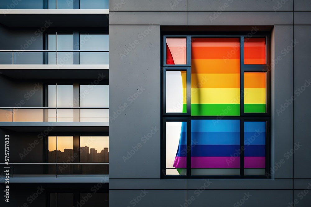 Concept of diversity. Rainbow LGBT Pride flag in the window of moder ...
