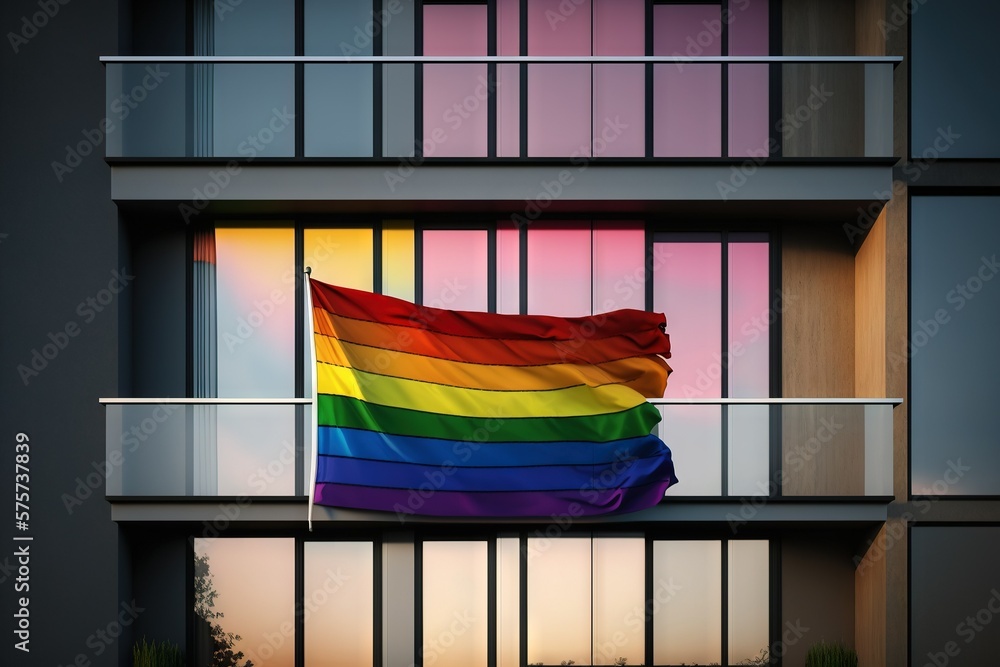 Concept of diversity. Rainbow LGBT Pride flag in the window of moder ...
