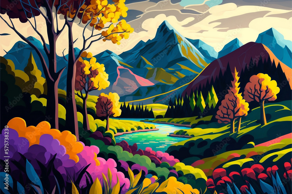 This AI-generated photo features a Cubist-style summer landscape ...