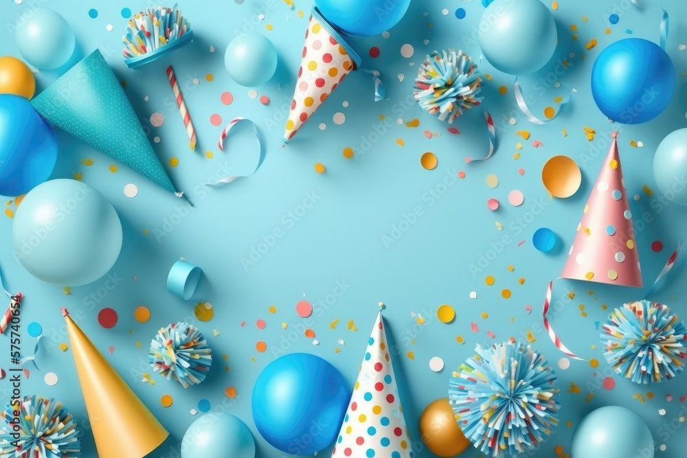 Blue birthday background border with balloons, confetti, party hats ...