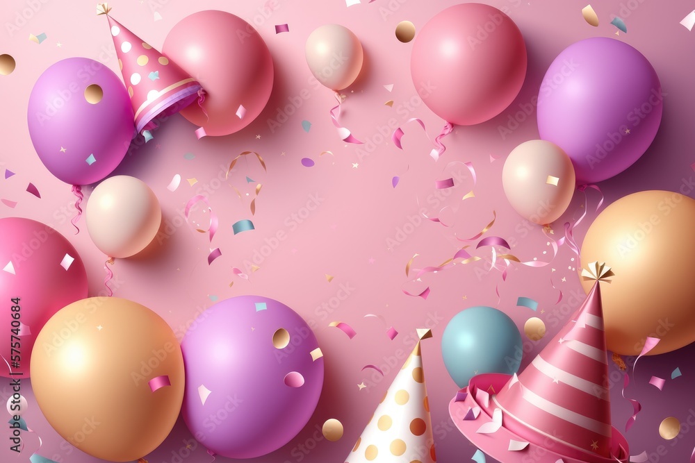 Pink birthday background border with balloons and confetti. Generative ...