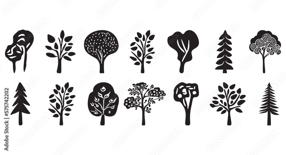 Collection of vector tree motifs for rustic forest illustration. Clip ...