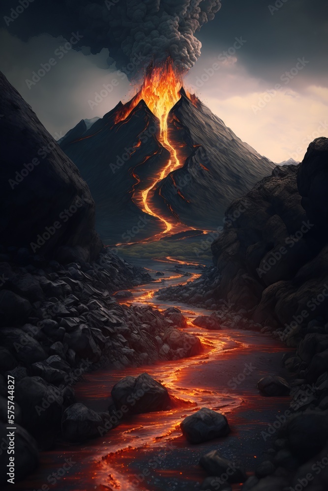 Volcanic eruption at night. Generative AI. Fantasy landscape. Stock ...