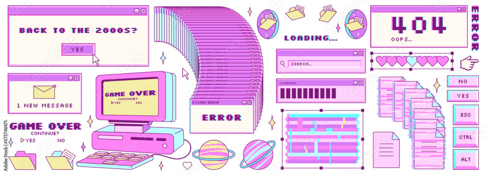Big sticker set in trendy y2k style. Old computer aestethic. Retro pc ...
