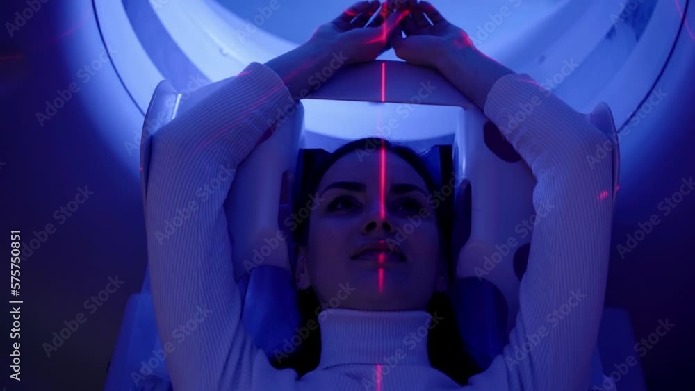 4k video CT scan of abdomen of woman close-up in medical clinic. Girl ...