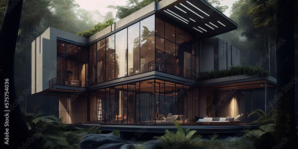 Modern house with panoramic windows on the jungle. Modern jungle house ...