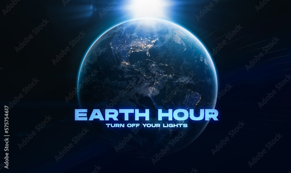 Earth hour 2024 event. Planet Earth with sunlight in dark space. Turn ...