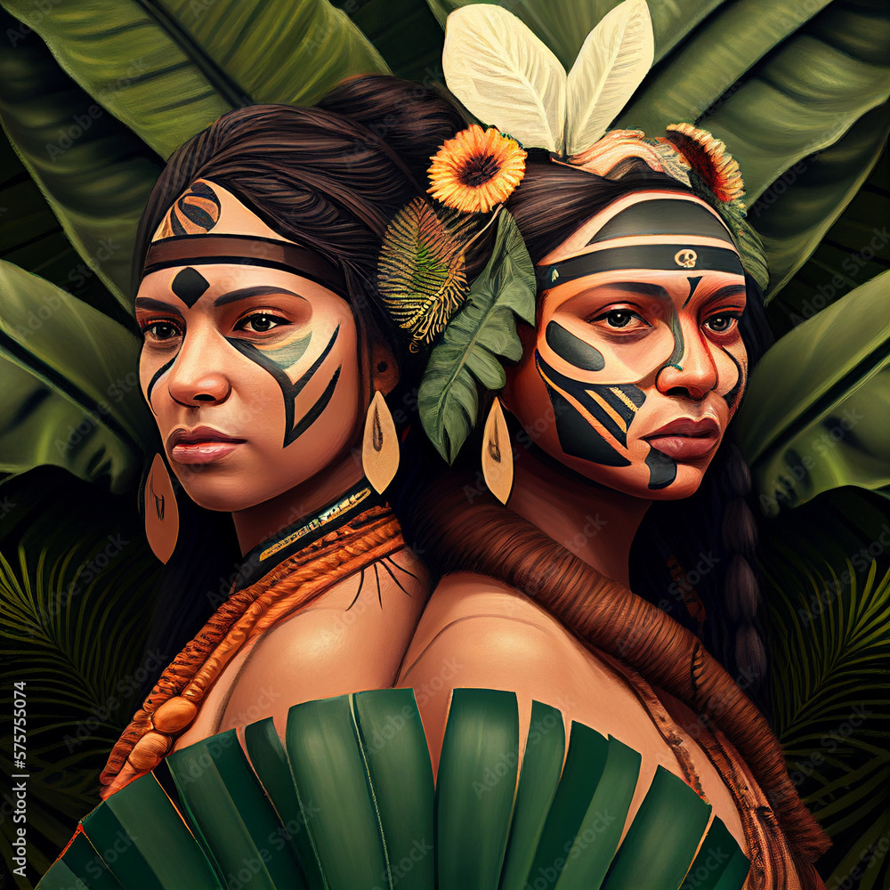 illustration of two indigenous women from the jungle posing with ritual ...