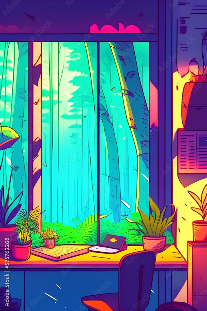 Lofi empty interior. Messy desk, window view of a forest, jungle. Anime ...