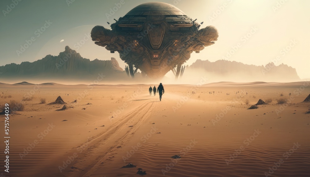 group of armed forces walking in the desert. in the distance is a huge ...