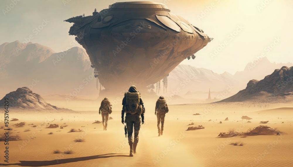 group of armed forces walking in the desert. in the distance is a huge ...