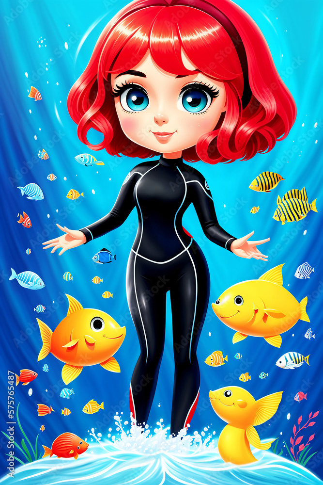 Young cute woman in diving suit, underwater scene. Humor caricature ...