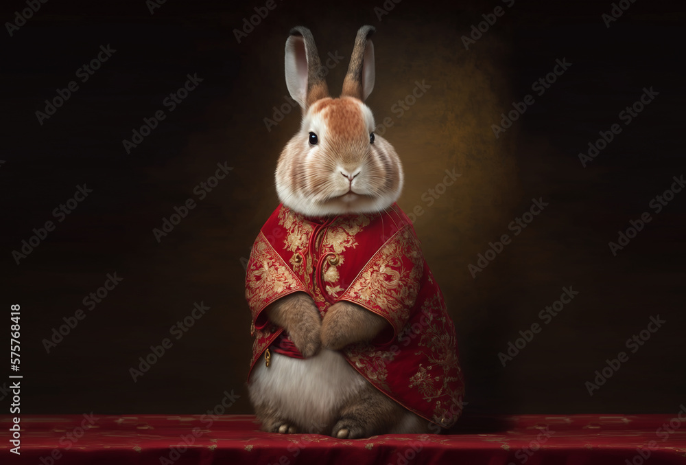 Chinese rabbit posing in red traditional Chinese clothing for Chinese ...
