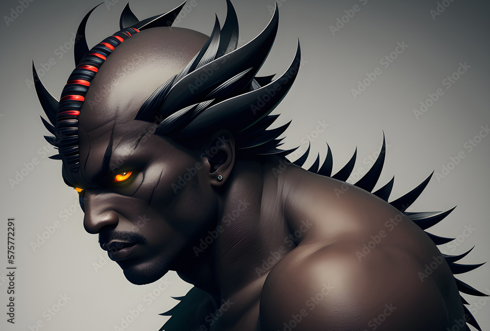 Portrait of african demon with bald head, spikes and fiery eyes ...