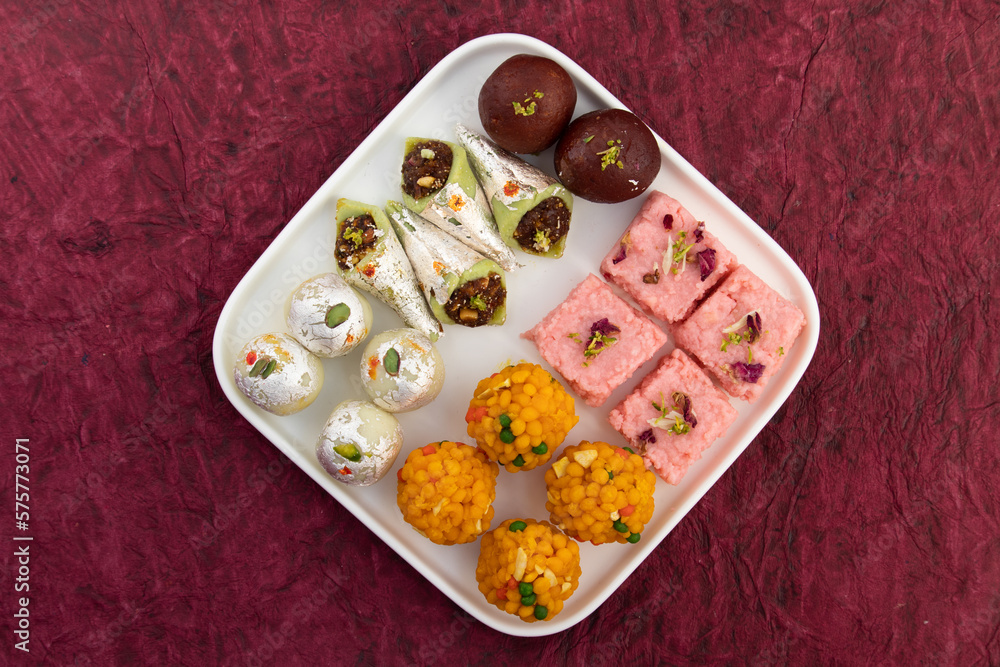 Variety Of Assorted Desi Ghee Indian Mithai viz. Laddu, Kesar Barfi ...