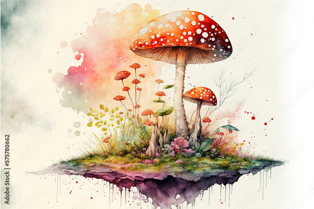 Watercolour spring with red mushroom, concept of Vibrant Colors and ...