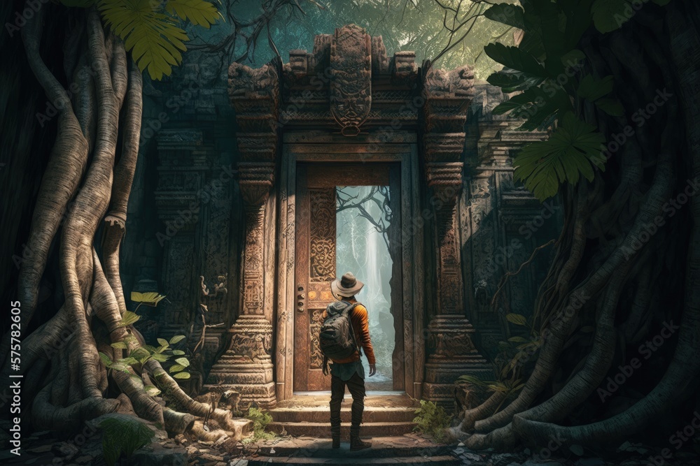 Poster Explorer at ancient temple door in forest, temple lost in the jungle, Generative ...