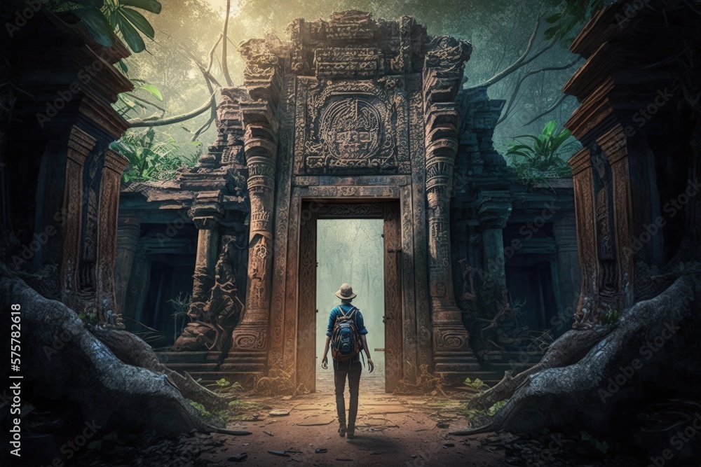 Poster Explorer at ancient temple door in forest, temple lost in the jungle, Generative – Wall ...