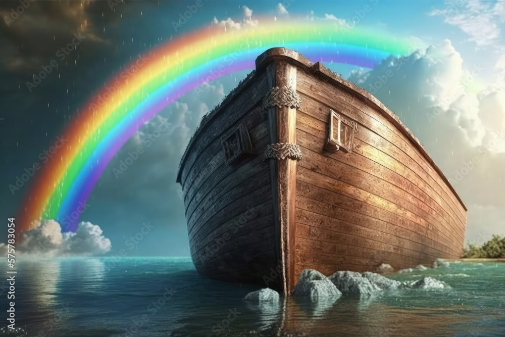 Noah's Ark in the water and rainbow in the background, Generative AI ...