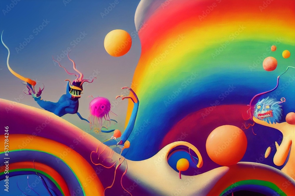 Abstract magical funny cartoon monsters. Lots of colored paint, ink ...