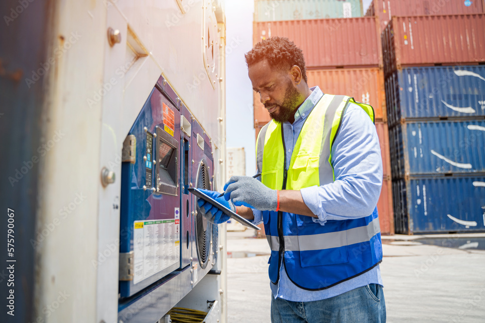Worker check list of container cargo at container depot terminal ...