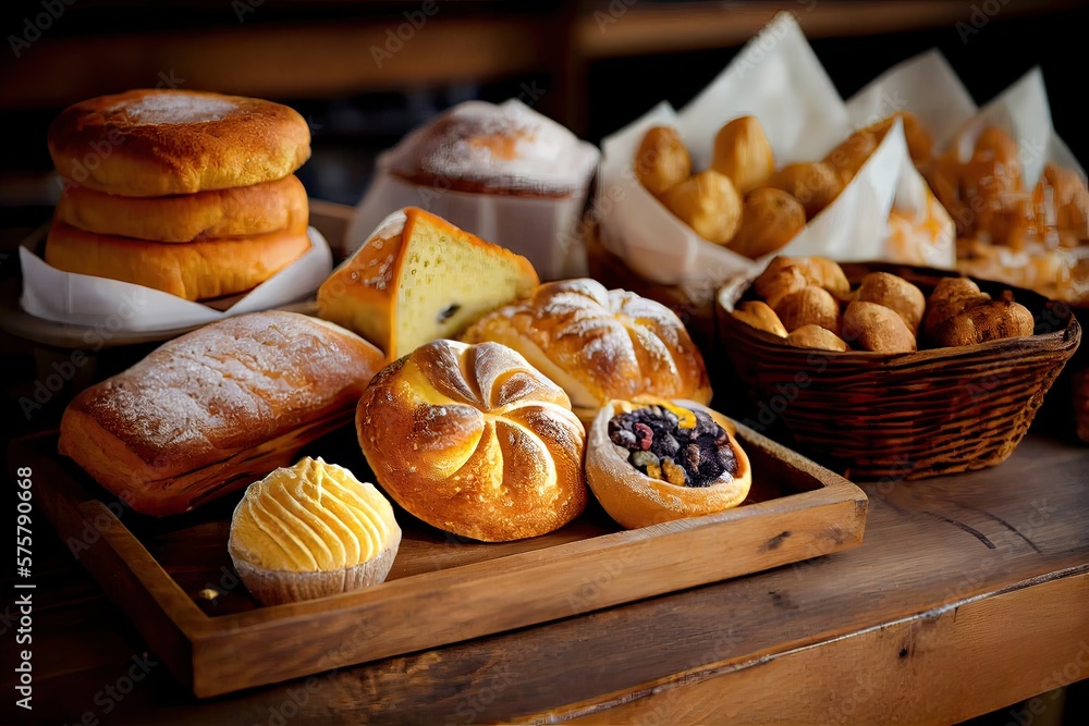 bakery interior with display counters full of scrumptious bread and ...