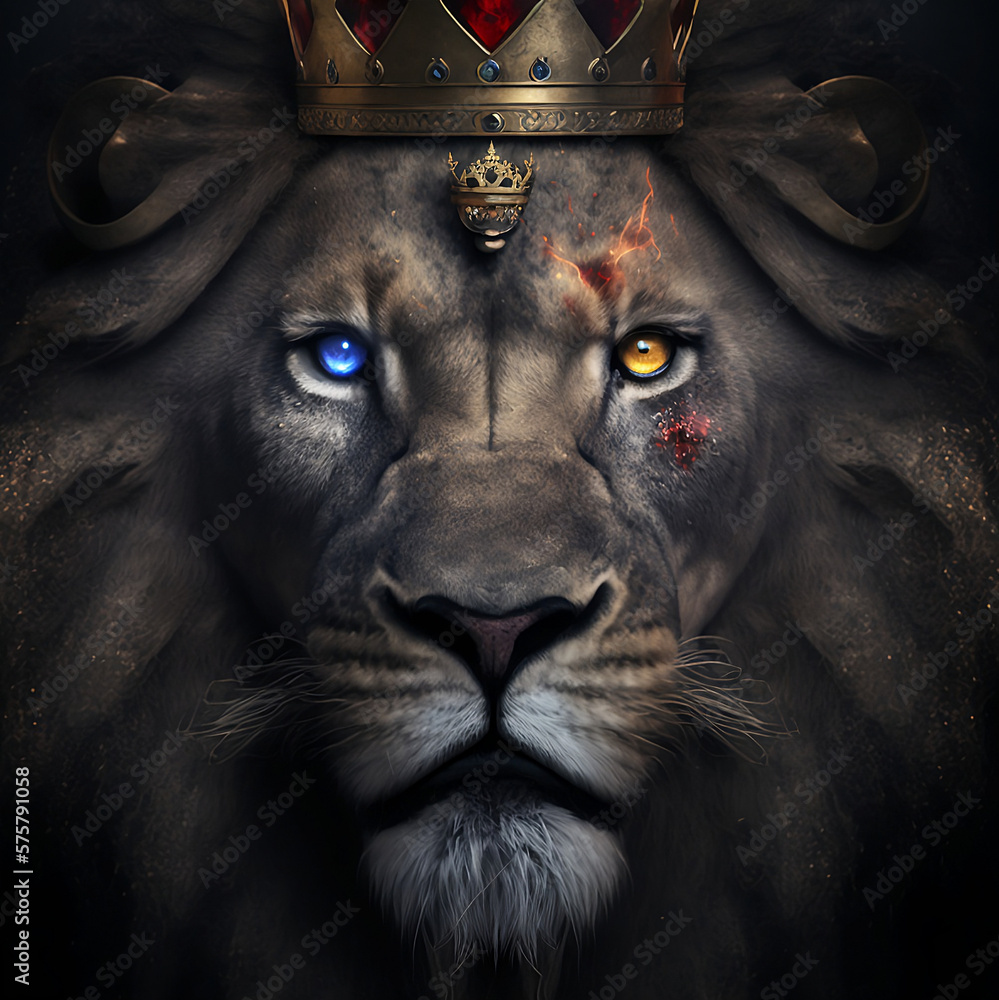 Closeup Illustrations of an Angry Male Lion with Heterochromia and ...