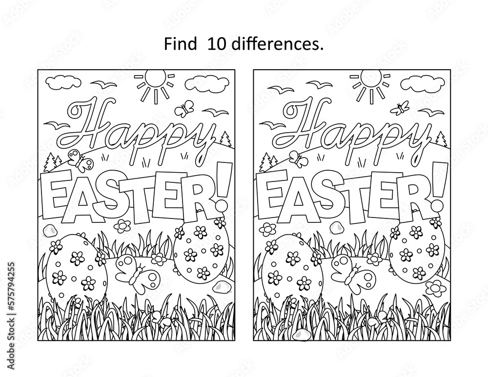 "Happy Easter!" holiday greeting find 10 differences visual puzzle and ...