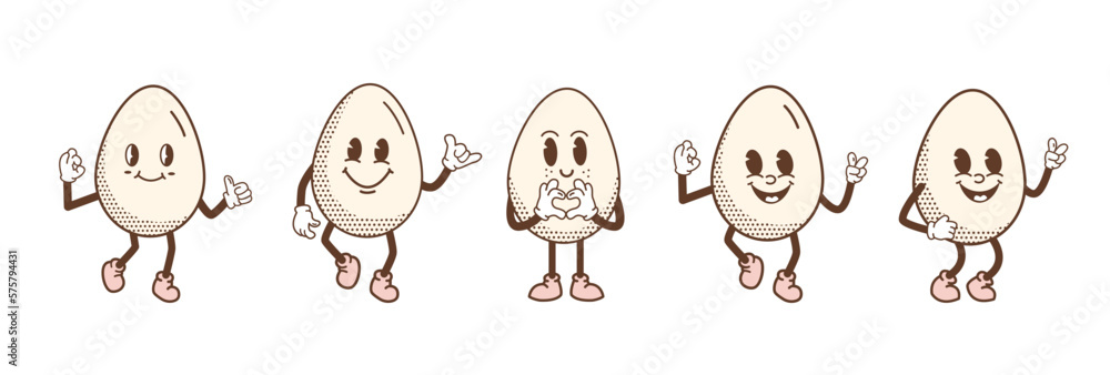 Retro cartoon smiling egg mascot character walking jumping and standing ...