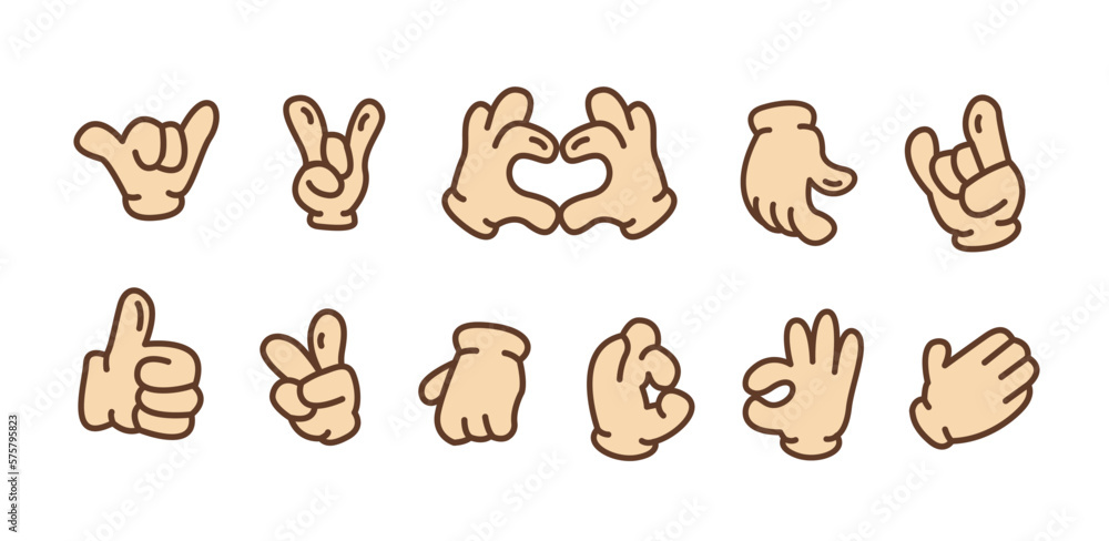 Comical cartoon hands retro collection. Funny arms in gloves with ...