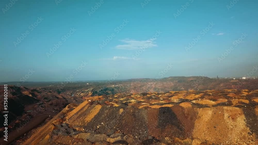 Panorama aerial view shot open pit mine coal mining, dumpers, quarrying ...