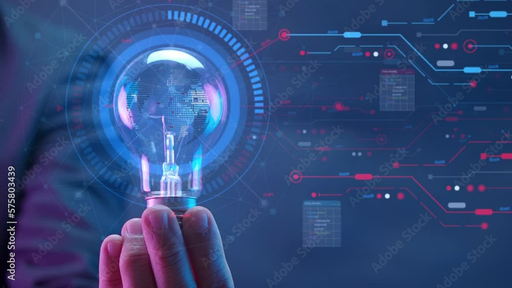 Businessman hand shows rotating planet earth inside light bulb with ...