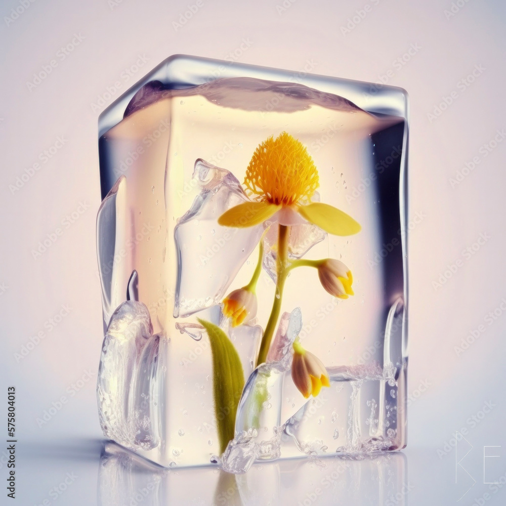 Beautiful spring flowers colorful in ice cubes set against a soft ...