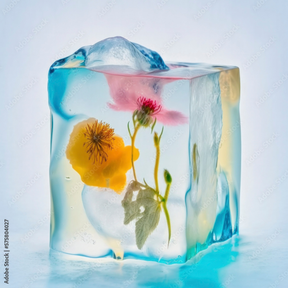 Beautiful spring flowers colorful in ice cubes set against a soft ...