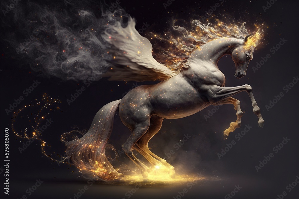 Pegasus in the galaxy with golden light particles and swirling fire ...