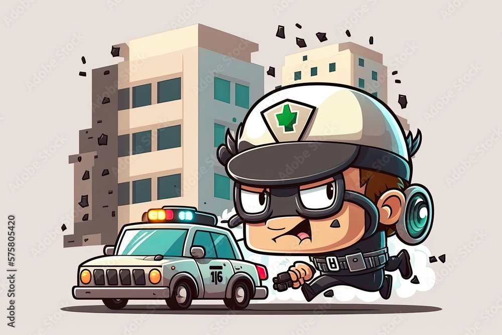 Police chasing criminals, cute character cartoon, building background ...